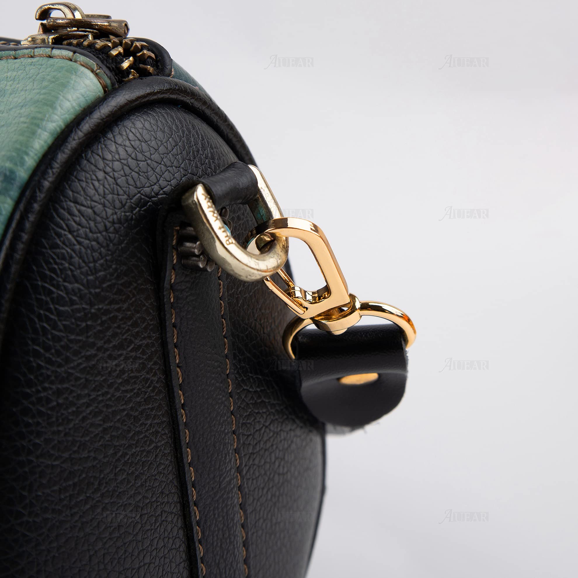 AUEAR, Leather Replacement Handles Purses Straps Black Handbag Strap with Gold Lobster Buckles for Small Handmade Straw Bag (15.7 Inches, Style A, 2 Pack)