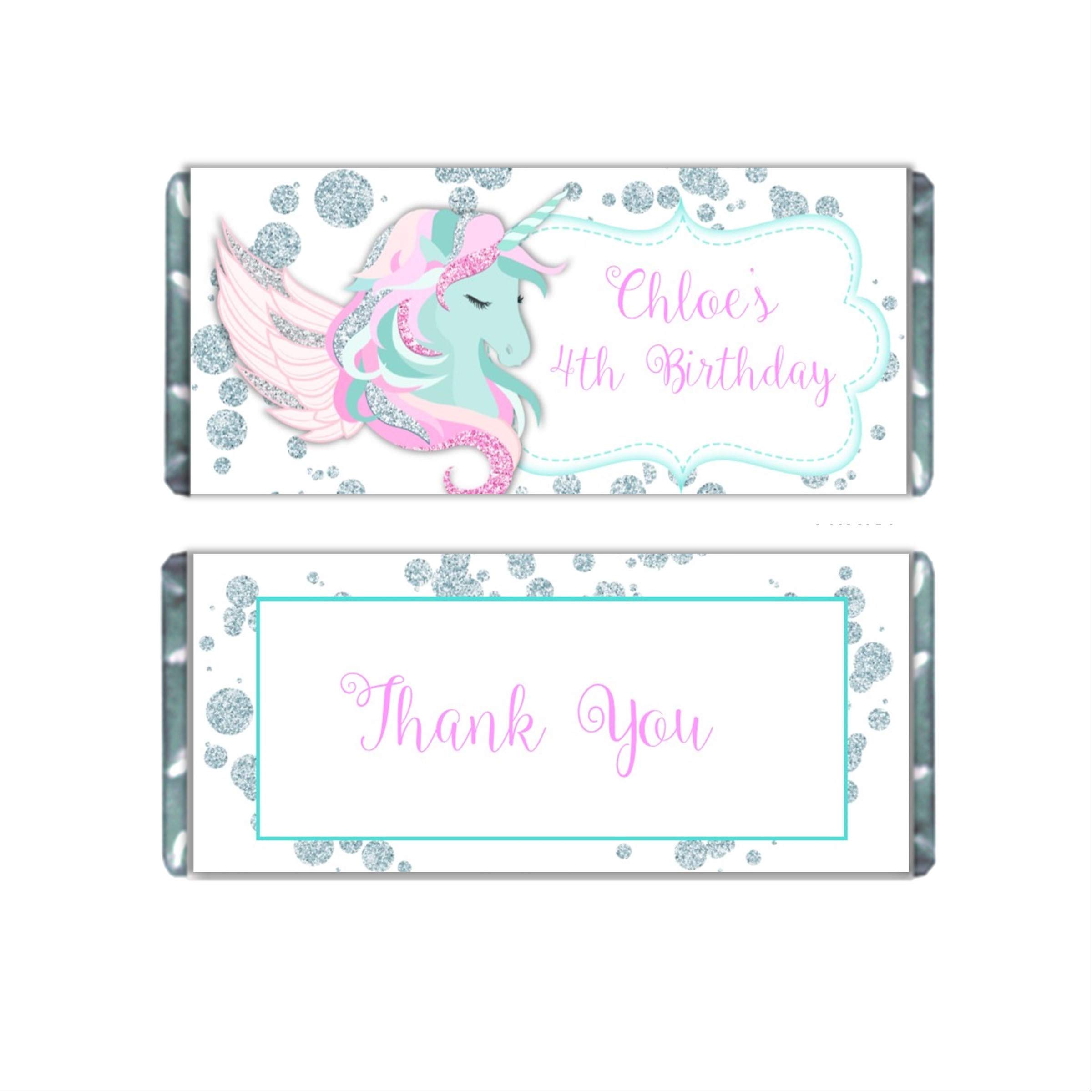 Unicorn Personalized Candy Wrappers, Kids Birthday Party Favors, Pack of 20 Custom Chocolate Bar Labels