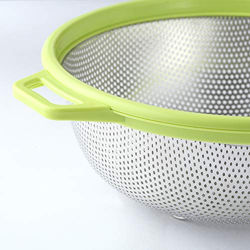 Stainless Steel Colander With Handle and Legs, Large Metal Green Strainer for Pasta, Spaghetti, Berry, Veggies, Fruits, Noodles, Salads, 5-quart 10.5β Kitchen Food Mesh Colander, Dishwasher Safe