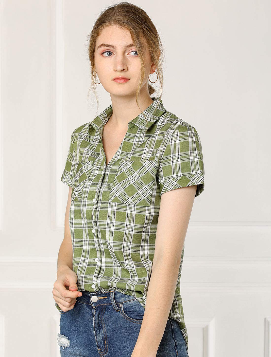 Allegra K Women's Cotton Classic Button Down Western Plaid Shirt Small Light Green