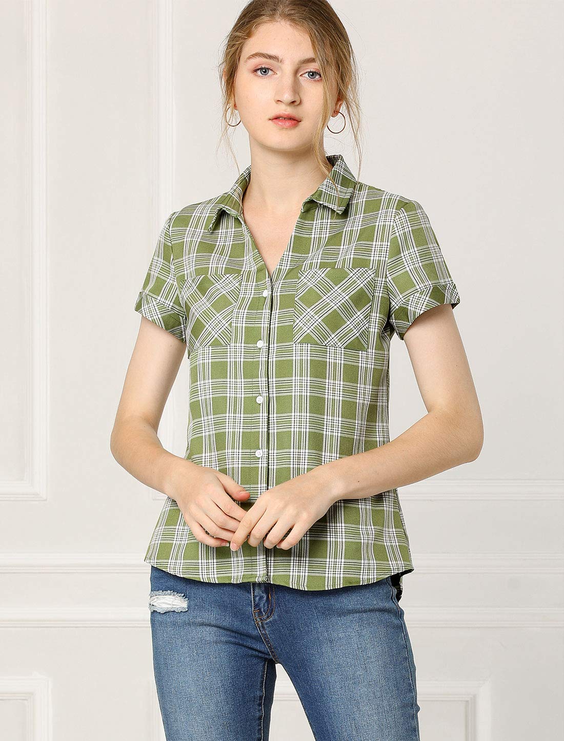 Allegra K Women's Cotton Classic Button Down Western Plaid Shirt Small Light Green