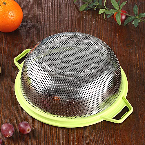 Stainless Steel Colander With Handle and Legs, Large Metal Green Strainer for Pasta, Spaghetti, Berry, Veggies, Fruits, Noodles, Salads, 5-quart 10.5β Kitchen Food Mesh Colander, Dishwasher Safe