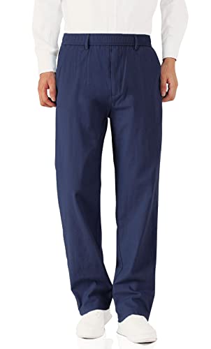 Soojun Men's Relaxed Fit Elastic Waist Drawstring Cotton Linen Pants, Navy, 30W x 32L