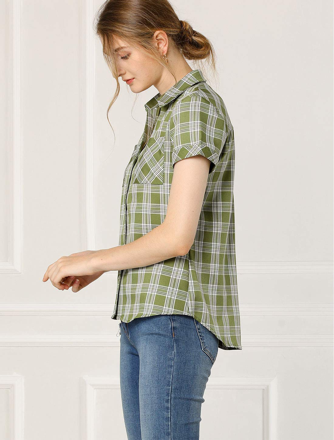 Allegra K Women's Cotton Classic Button Down Western Plaid Shirt Small Light Green