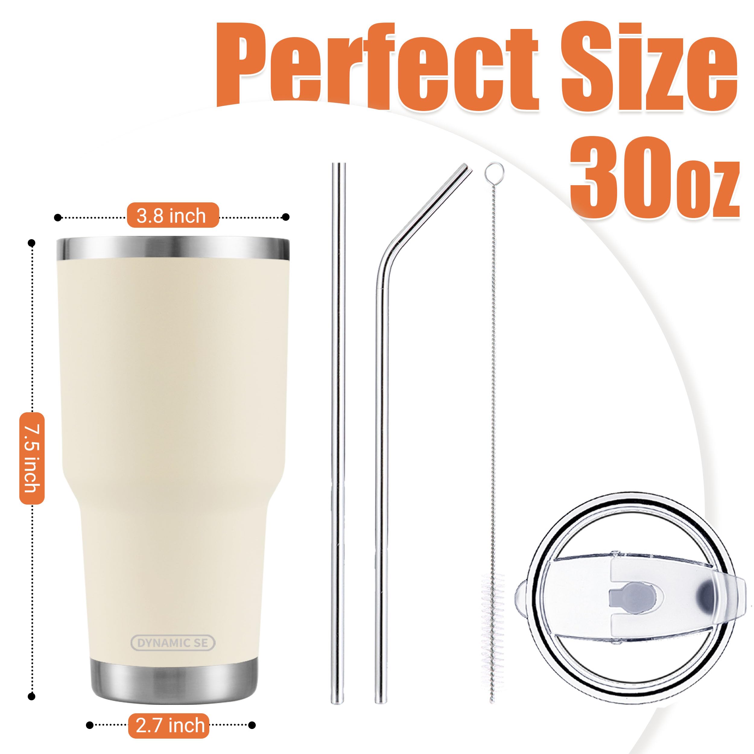 D·S 30oz Cream Tumbler Stainless Steel Insulated Travel Mug with Straw Lid Cleaning Brush (30oz Cream)