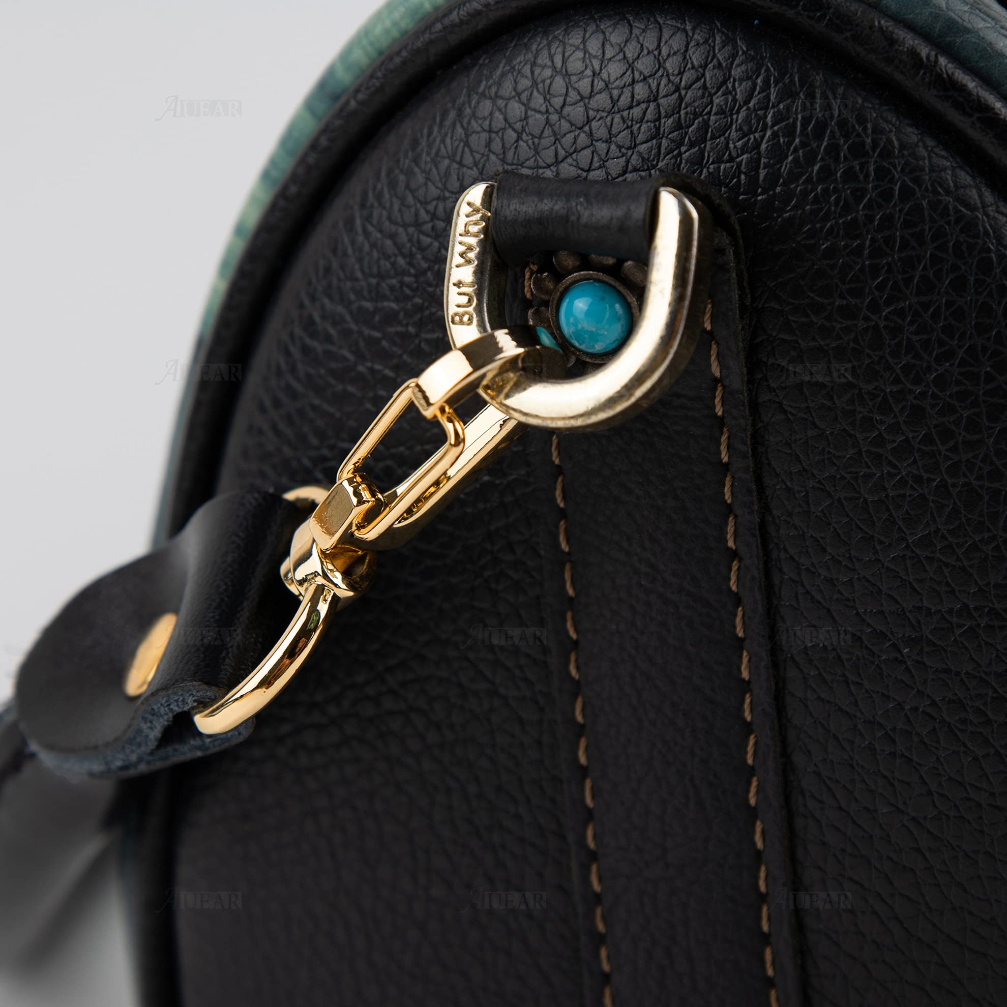 AUEAR, Leather Replacement Handles Purses Straps Black Handbag Strap with Gold Lobster Buckles for Small Handmade Straw Bag (15.7 Inches, Style A, 2 Pack)