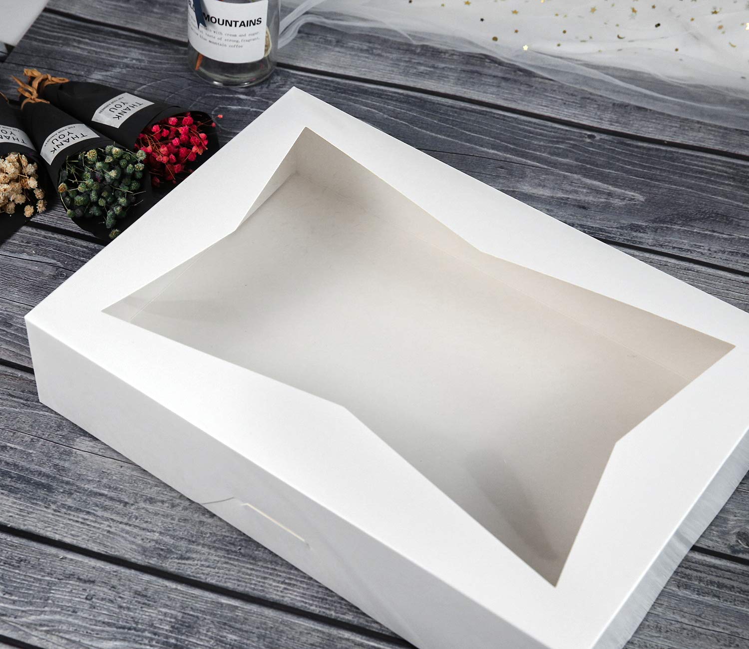 ONE MORE [15-Pack] 14 x10 x 3inch White Lock Corner Window Bakery Cookie Boxes, Large Paperboard Container with PVC Windows for Pie