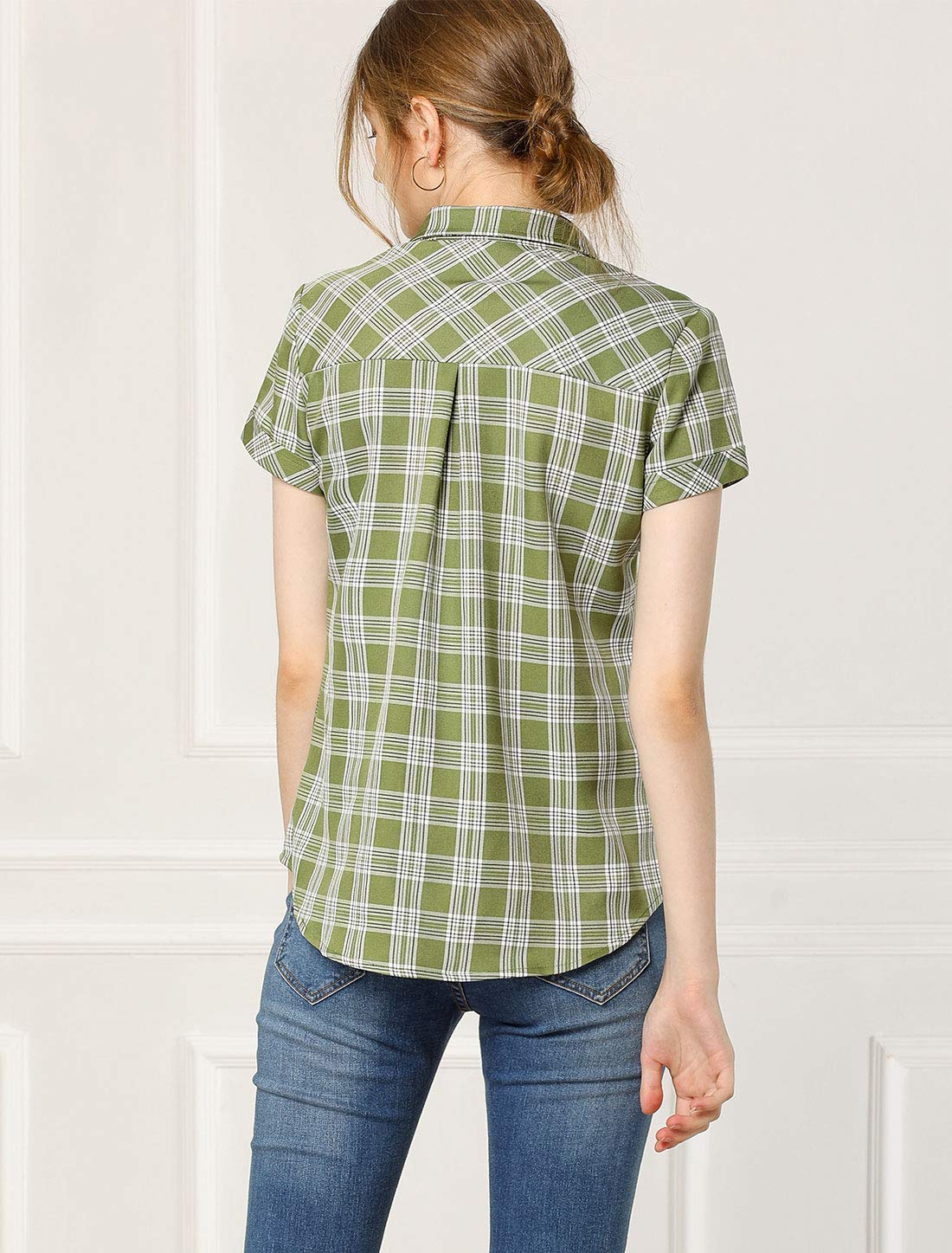 Allegra K Women's Cotton Classic Button Down Western Plaid Shirt Small Light Green