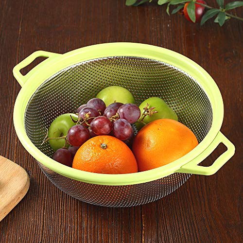 Stainless Steel Colander With Handle and Legs, Large Metal Green Strainer for Pasta, Spaghetti, Berry, Veggies, Fruits, Noodles, Salads, 5-quart 10.5β Kitchen Food Mesh Colander, Dishwasher Safe