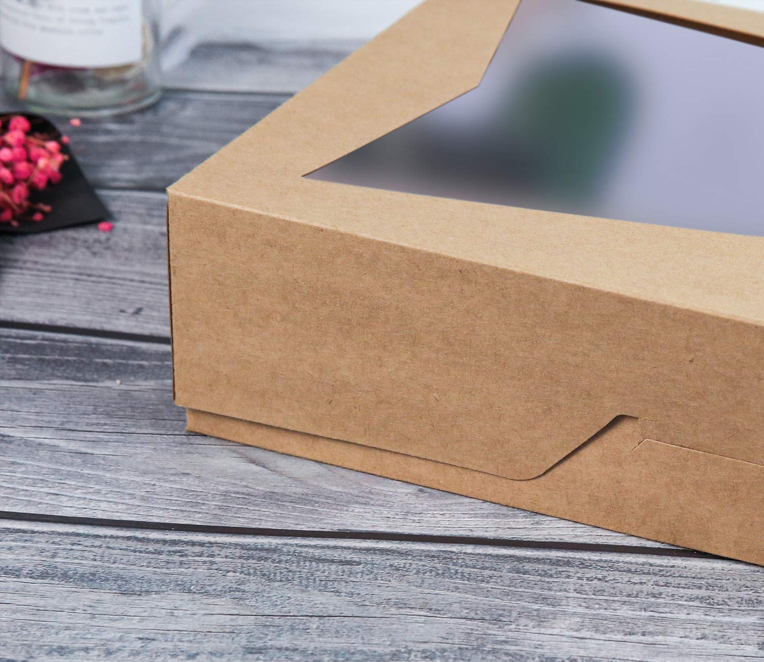 ONE MORE [15-Pack] 14 x10 x 3inch Brown Paperboard Lock Corner Window Bakery Cookie Boxes, Large Container with PVC Windows for Pie and Cookie Box