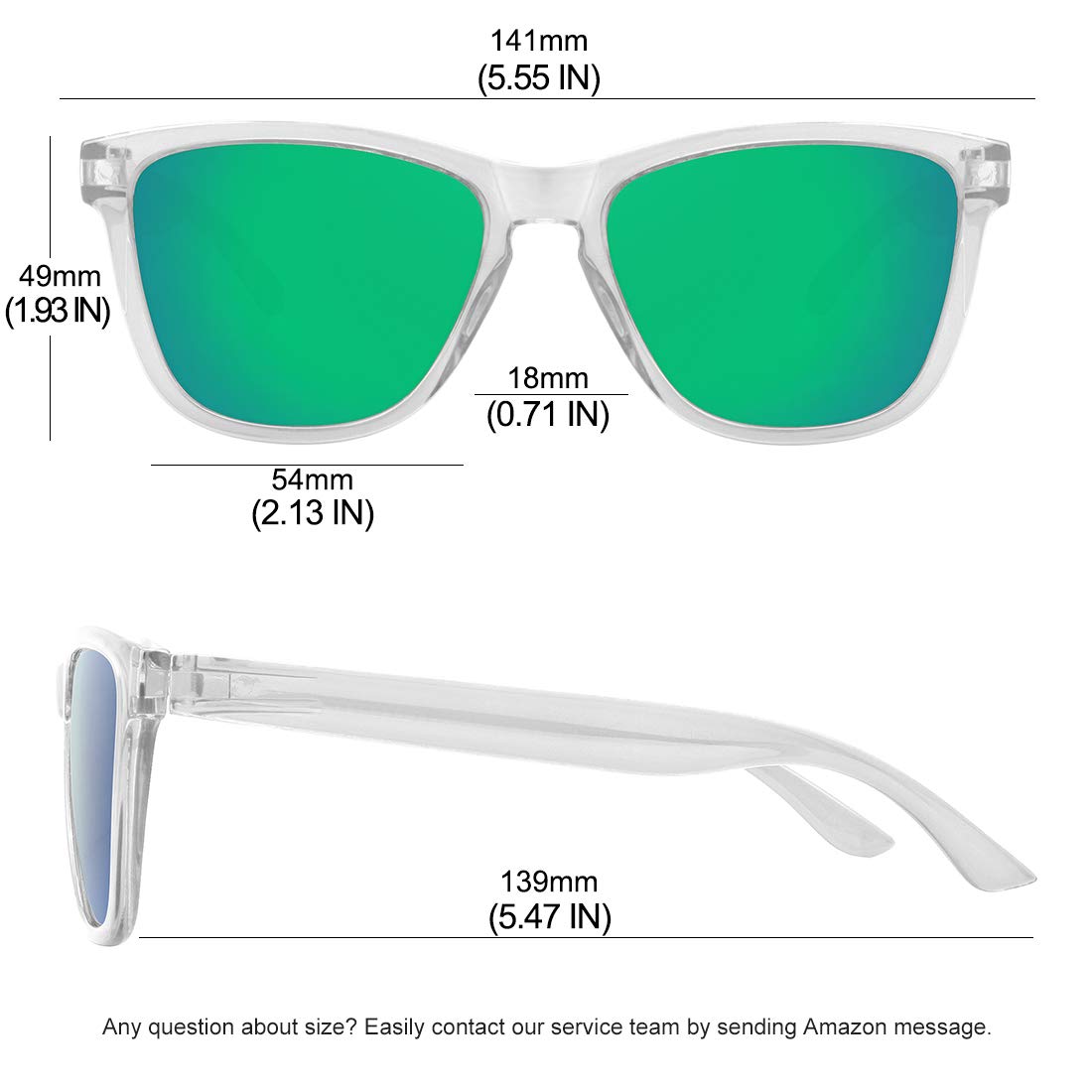 MEETSUN Polarized Sunglasses for Women Men Classic Retro Designer Style UV400 Protection (Clear Frame/Green Mirrored Lens, 54)