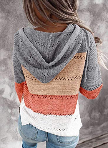 Biucly Womens Color Block Striped Hooded Sweater Long Sleeve V Neck Drawstring Pullover Tops Hoodies Sweatshirts Plus Size Sweaters 2022,US 16-18(XL),Grey