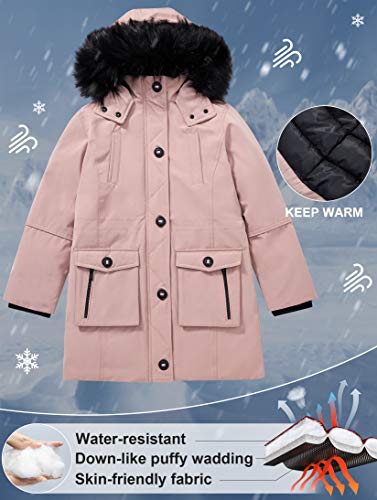 maoo garden Girls Winter Coats Heavyweight Waterproof Jacket Mid-Length Fur Hooded Parka 2017 Pink 5-6Y
