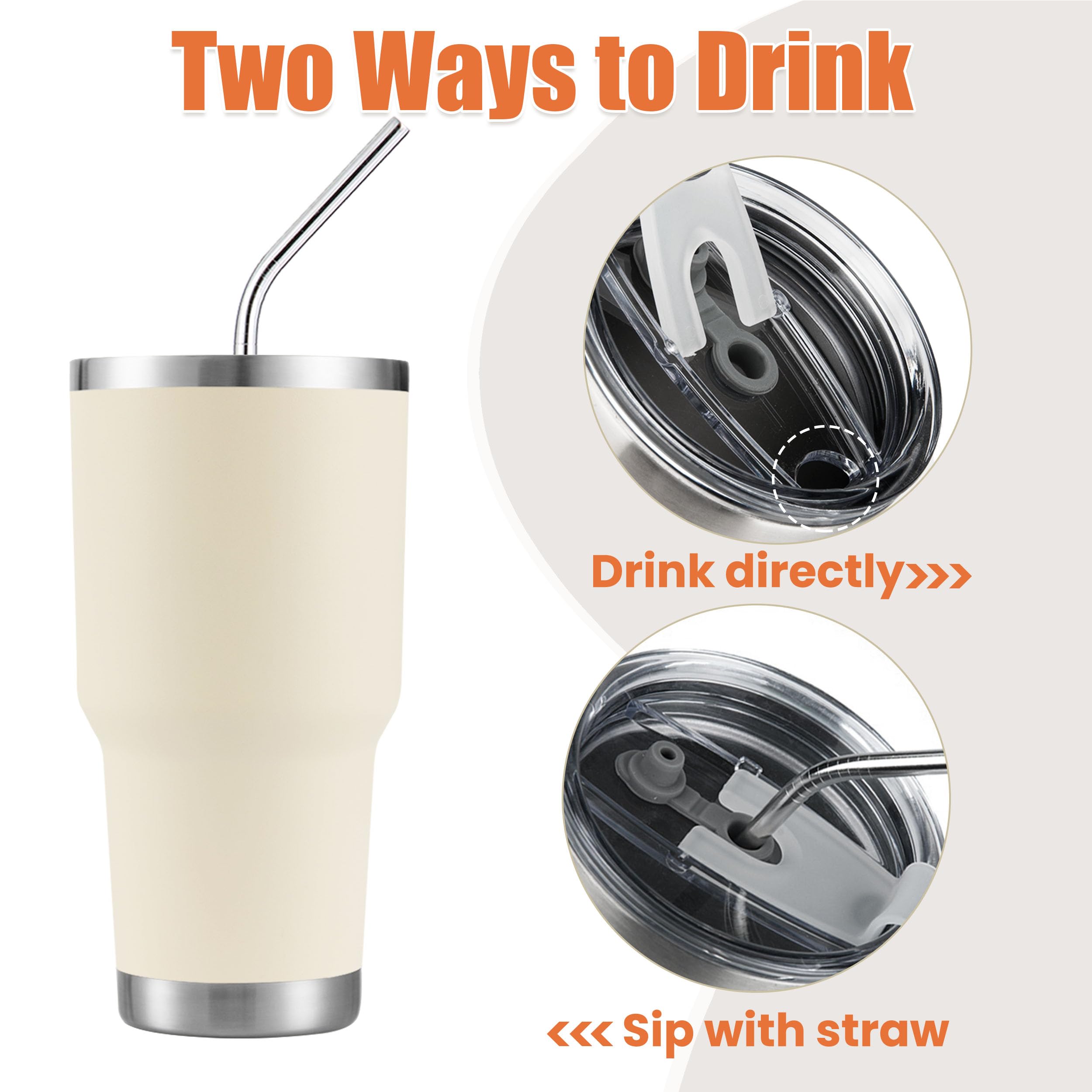 D·S 30oz Cream Tumbler Stainless Steel Insulated Travel Mug with Straw Lid Cleaning Brush (30oz Cream)