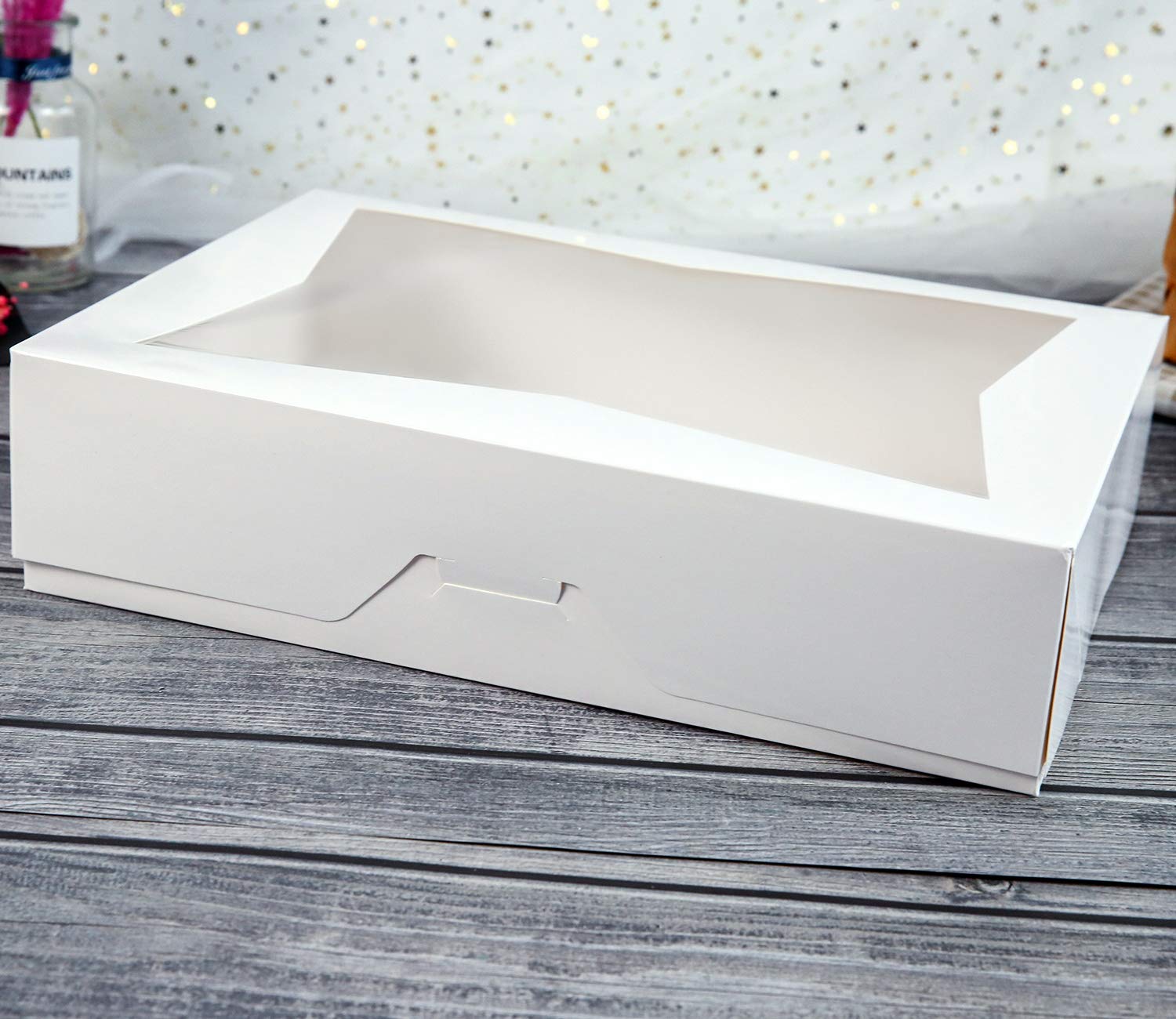 ONE MORE [15-Pack] 14 x10 x 3inch White Lock Corner Window Bakery Cookie Boxes, Large Paperboard Container with PVC Windows for Pie