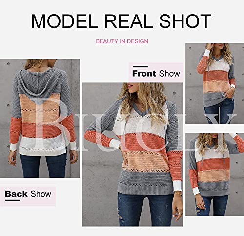 Biucly Womens Color Block Striped Hooded Sweater Long Sleeve V Neck Drawstring Pullover Tops Hoodies Sweatshirts Plus Size Sweaters 2022,US 16-18(XL),Grey
