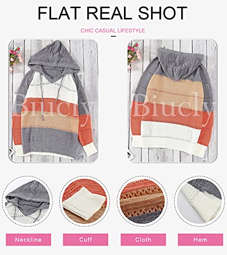 Biucly Womens Color Block Striped Hooded Sweater Long Sleeve V Neck Drawstring Pullover Tops Hoodies Sweatshirts Plus Size Sweaters 2022,US 16-18(XL),Grey