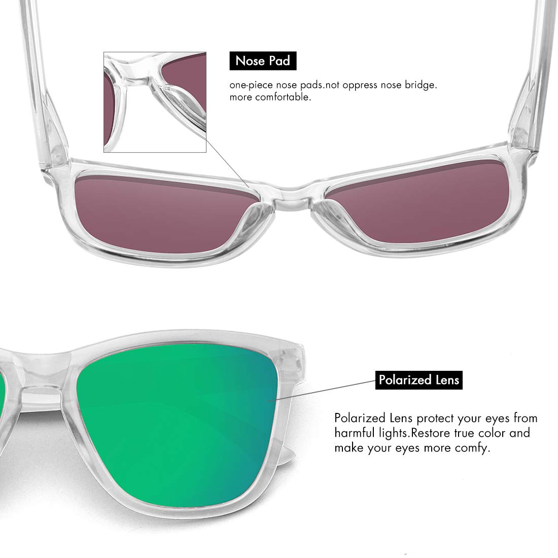 MEETSUN Polarized Sunglasses for Women Men Classic Retro Designer Style UV400 Protection (Clear Frame/Green Mirrored Lens, 54)