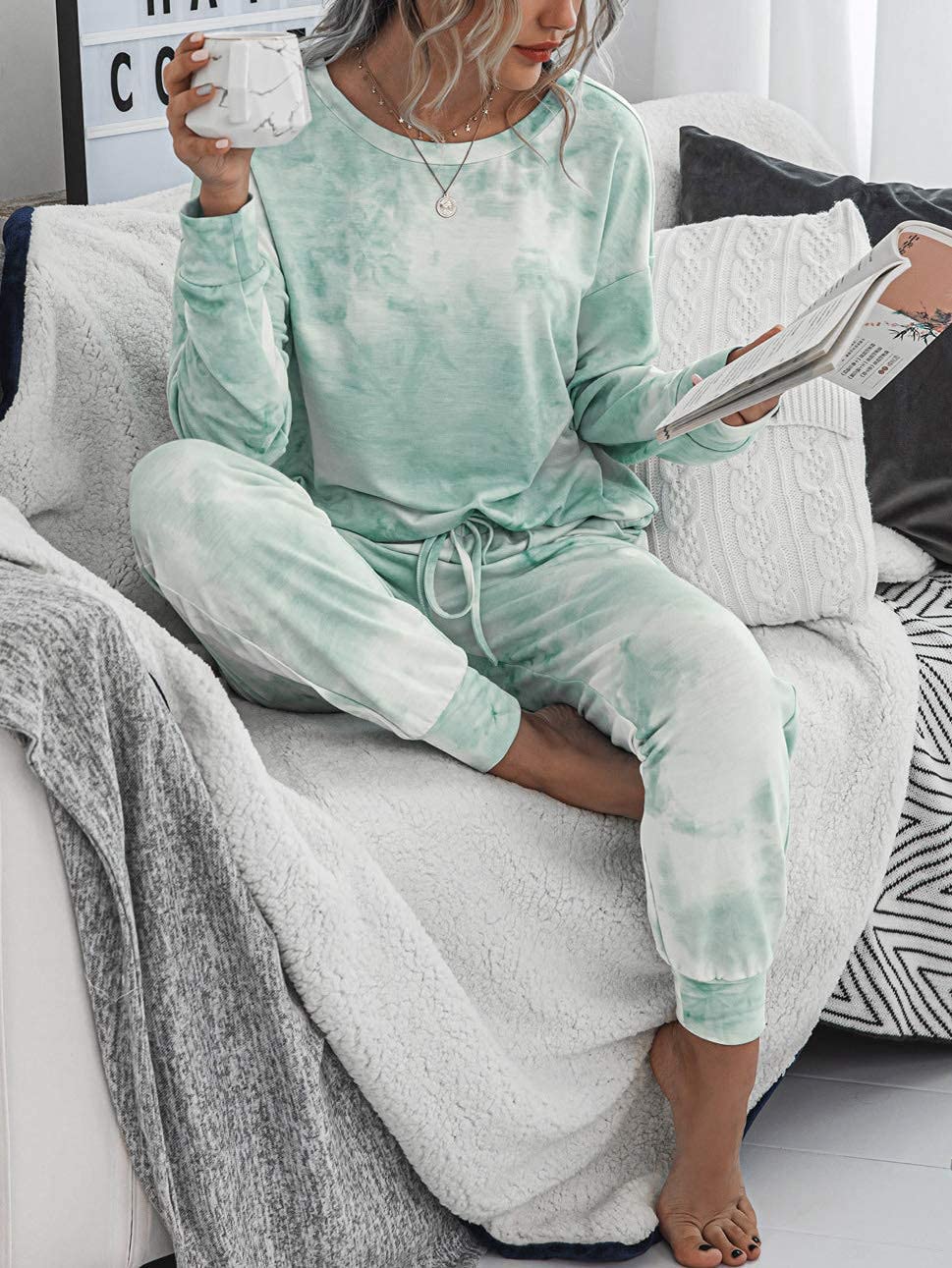 AMABMB Women's Pajama Sets Tie Dye Sweatsuit Long Sleeves Pullover Sleepwear Set 2 Pcs Lounge Jogger Set Nightwear-19L4-lvbai-M