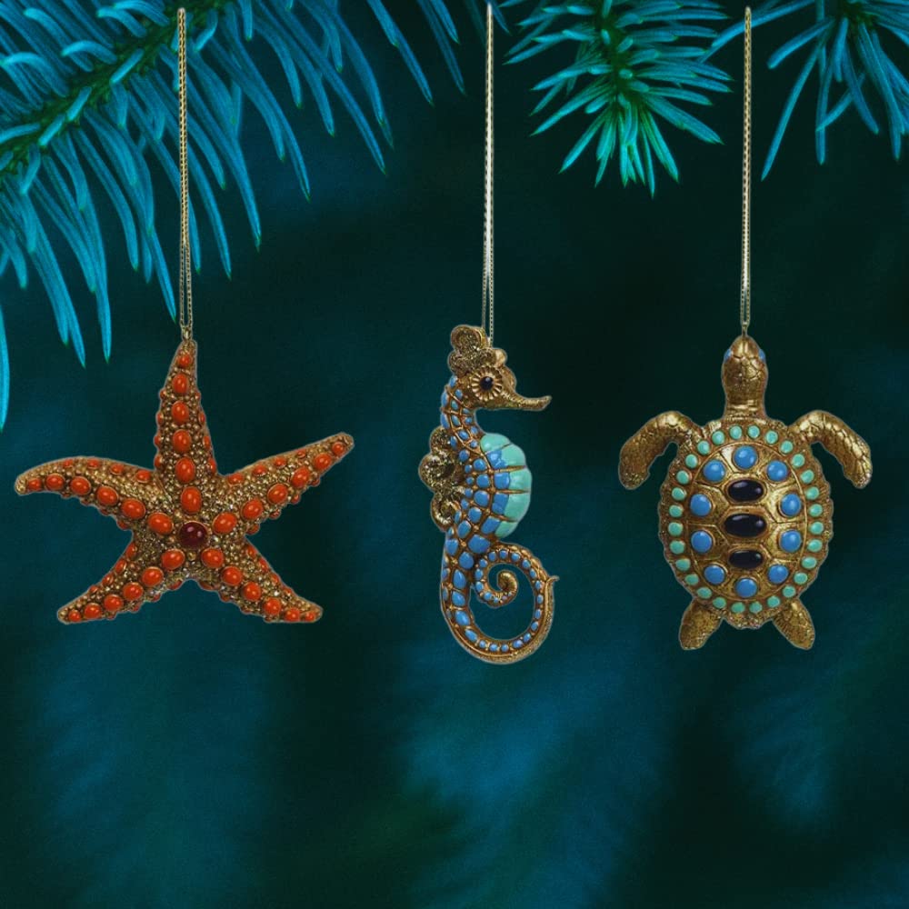 Comfy Hour Under The Sea Collection, Set of 3 Ocean Wild Animal Ornaments, Seahorse, Starfish, Turtle Ornaments, Summer Decoration, Resin