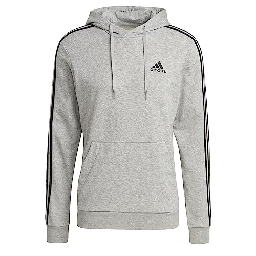 adidas Men's Essentials 3-Stripes French Terry Hoodie, Medium Grey Heather/Black, Large