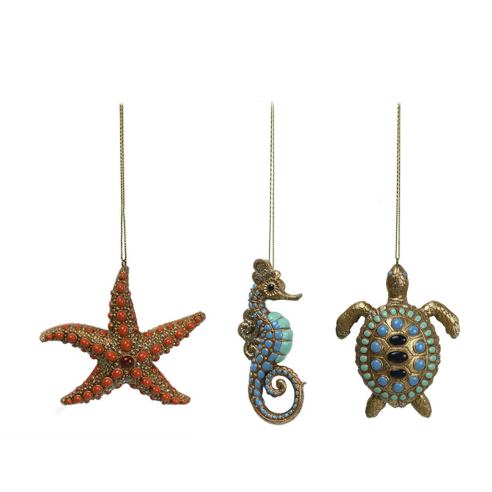 Comfy Hour Under The Sea Collection, Set of 3 Ocean Wild Animal Ornaments, Seahorse, Starfish, Turtle Ornaments, Summer Decoration, Resin