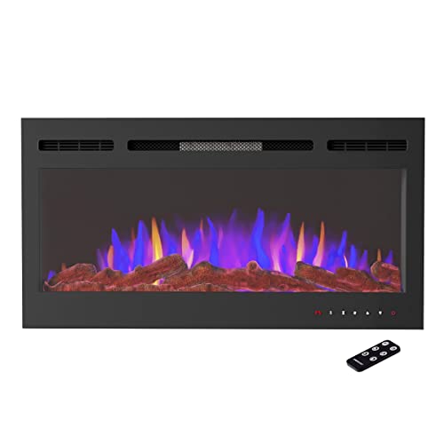 Northwest 36-Inch Electric Fireplace - Wall Mount or Recessed Heater with Front Vent, LED Colors, Brightness and Media Options, and Remote (Black)