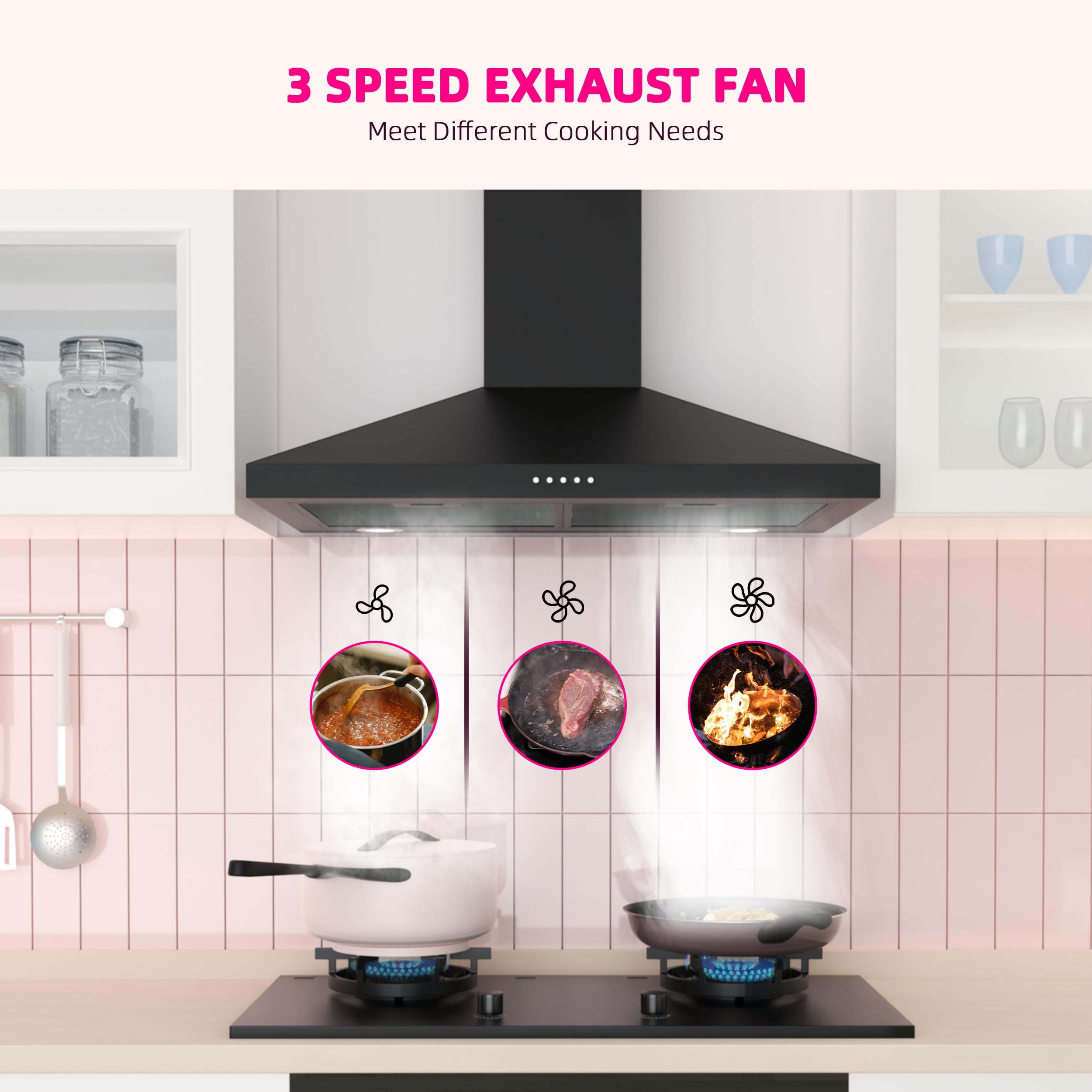 FIREGAS Black Range Hood 30 Inch, Wall Mount Kitchen Hood Ducted/Ductless Convertible, 450 CFM, 3-Speed Exhaust Fan, Stainless Steel Stove Vent for Kitchen with LED Lights, Charcoal Filters