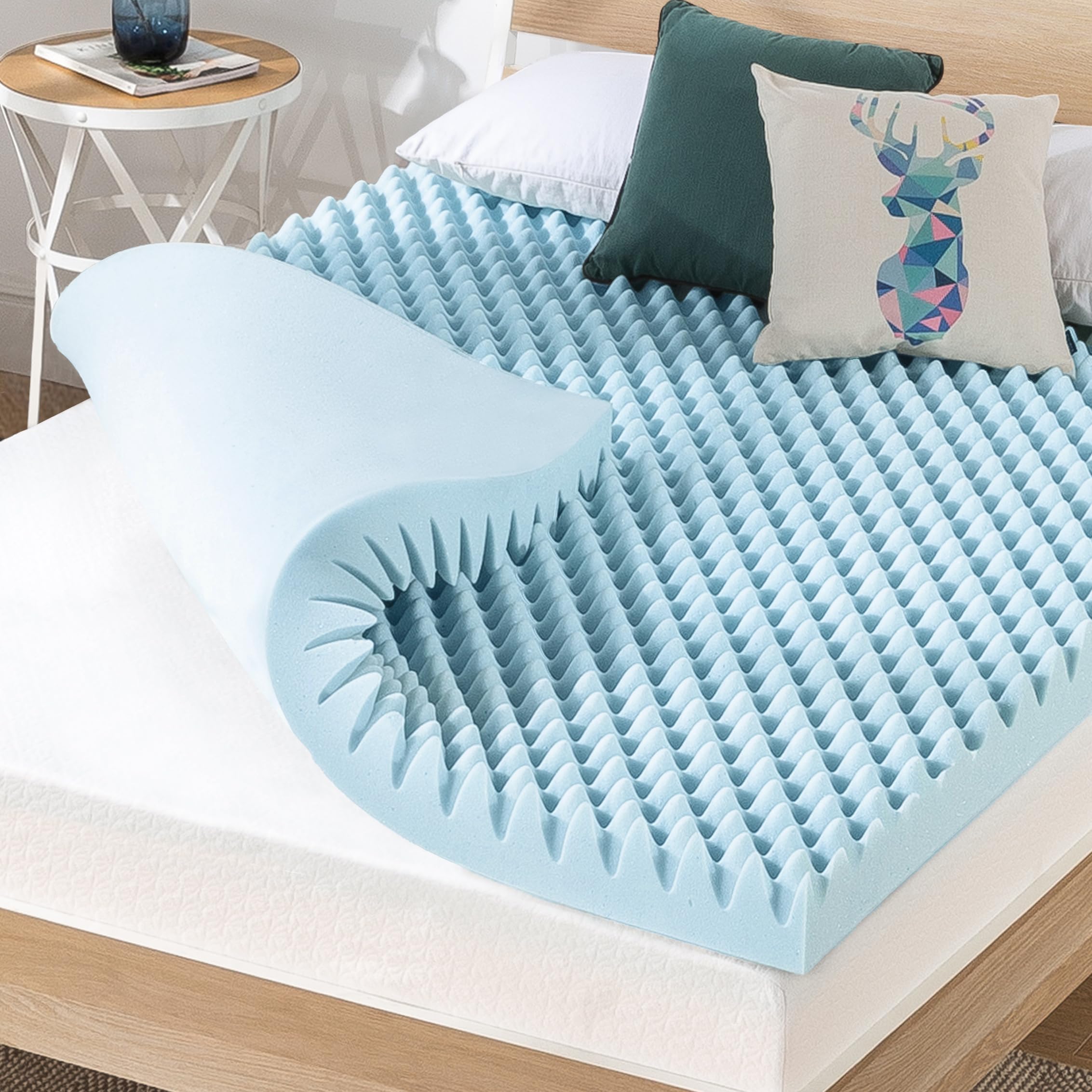 Best Price Mattress 4 Inch Egg Crate Memory Foam Mattress Topper with Cooling Gel Infusion, CertiPUR-US Certified, Short Queen Light Blue