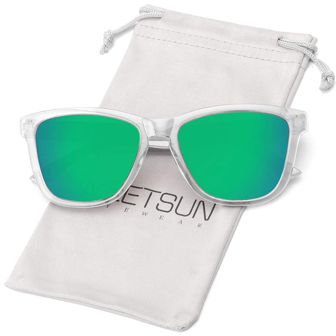 MEETSUN Polarized Sunglasses for Women Men Classic Retro Designer Style UV400 Protection (Clear Frame/Green Mirrored Lens, 54)