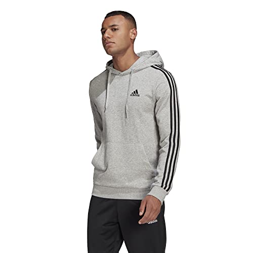 adidas Men's Essentials 3-Stripes French Terry Hoodie, Medium Grey Heather/Black, Large