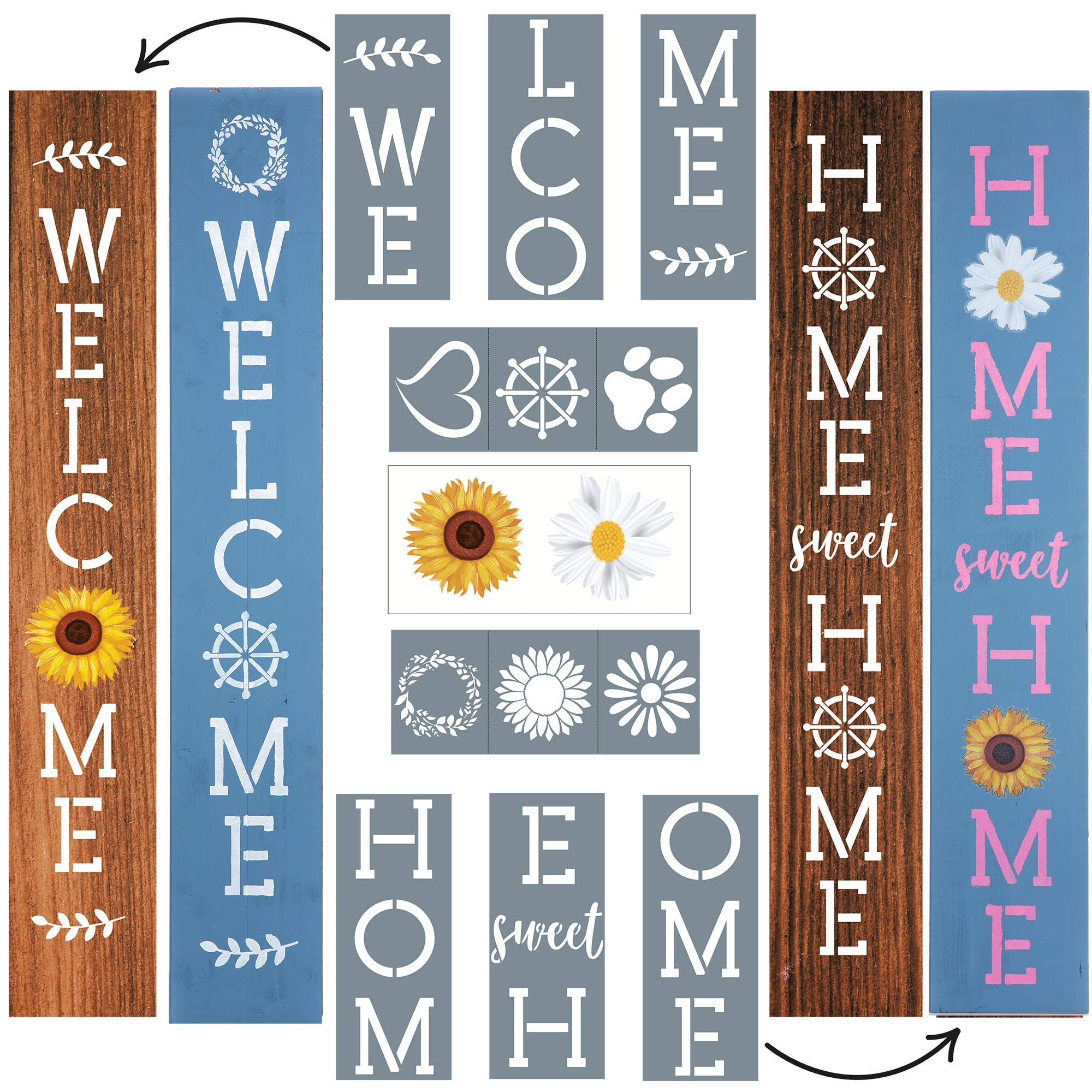 Stencil Stuff, Stencils for Painting on Wood, Welcome Stencil, Daisy Decor, Sunflower Stencil, Flower Stencils, Stencils for Crafts Reusable, Large Stencils, Paint Stencils Plus Free Rub-On Stickers