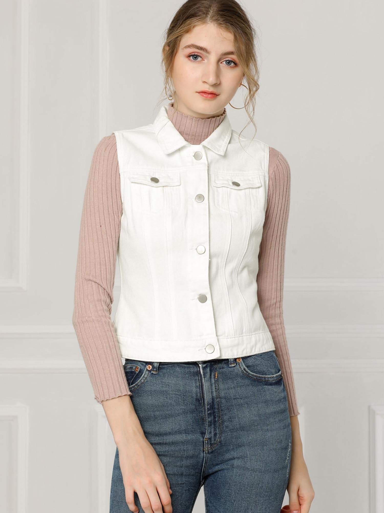Allegra K Women's Buttoned Washed Denim Vest Jacket W Chest Flap Pockets Medium White
