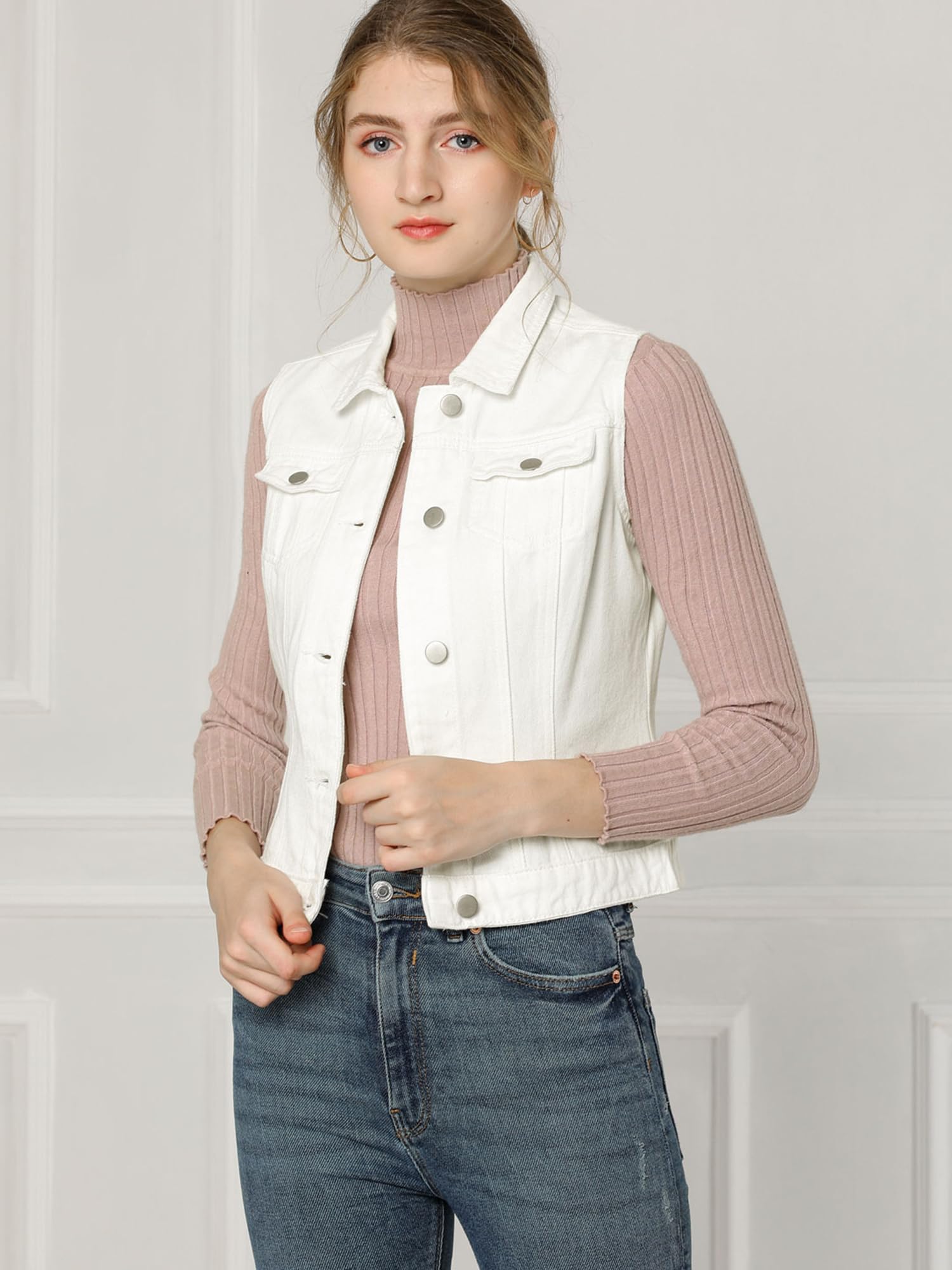 Allegra K Women's Buttoned Washed Denim Vest Jacket W Chest Flap Pockets Medium White