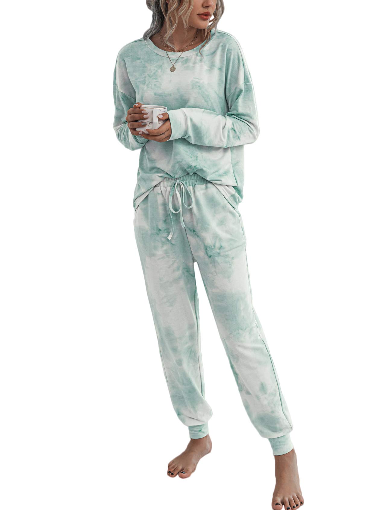 AMABMB Women's Pajama Sets Tie Dye Sweatsuit Long Sleeves Pullover Sleepwear Set 2 Pcs Lounge Jogger Set Nightwear-19L4-lvbai-M