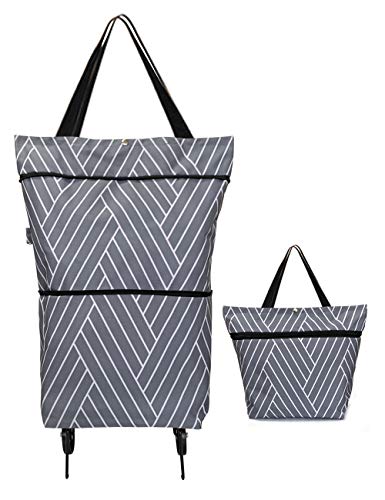 Reusable Grocery Bags with Wheels Foldable Shopping Bags - Waterproof & Strong(Grey Line)