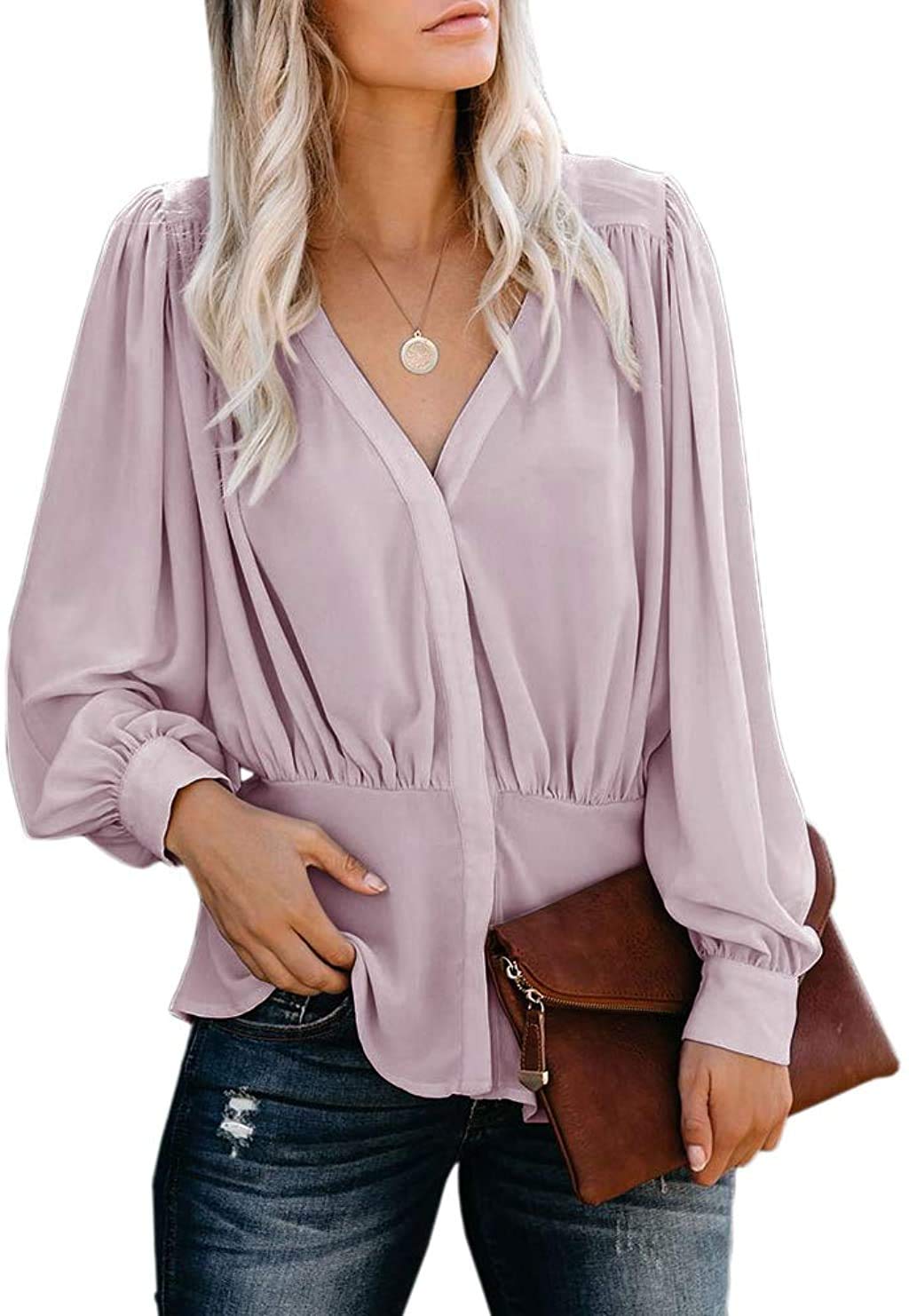 Gemijack Women Blouse V Neck Ruffled Chiffon Tops Empire Waist Long Sleeve Shirts (Pink, X-Large)