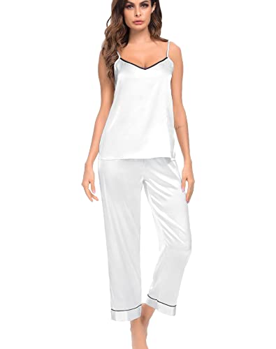 SWOMOG Women's Satin Pajamas Set V-Neck Cami Top and Capris Pants Silk Sleepwear Pjs Set White