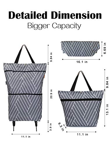Reusable Grocery Bags with Wheels Foldable Shopping Bags - Waterproof & Strong(Grey Line)