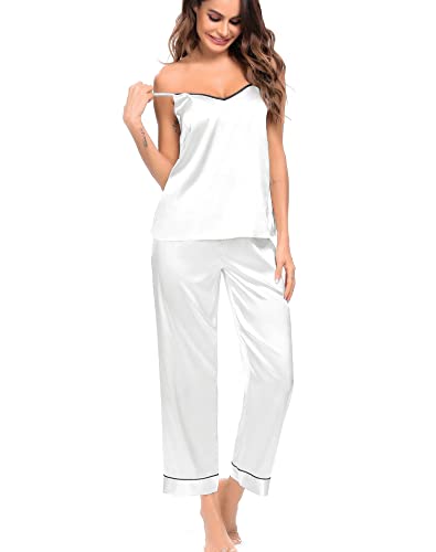 SWOMOG Women's Satin Pajamas Set V-Neck Cami Top and Capris Pants Silk Sleepwear Pjs Set White
