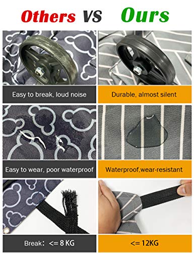 Reusable Grocery Bags with Wheels Foldable Shopping Bags - Waterproof & Strong(Grey Line)