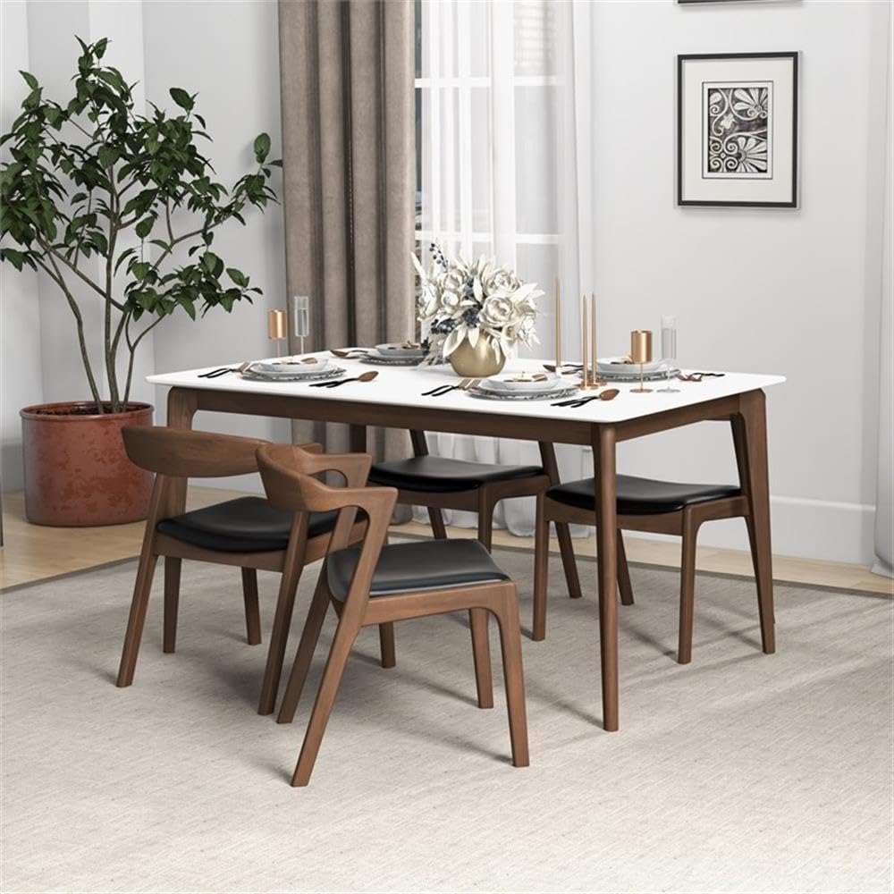 ASHCROFT Mid Century Roxy PU Black Leather Wood Dining Chair, Modern Upholstered Leather Chairs for Kitchen Dining Room (Set of 2)