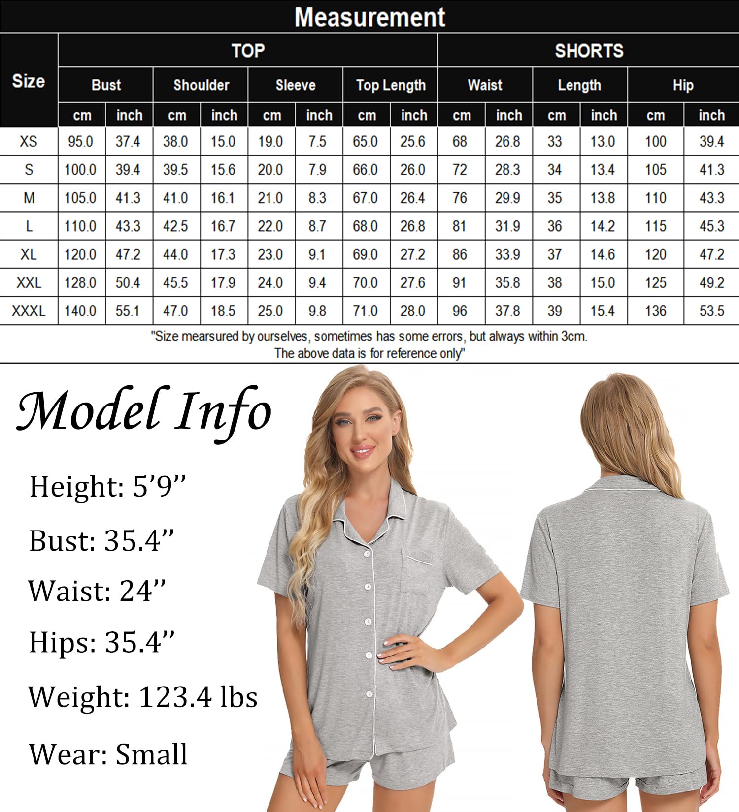 SWOMOG Womens Button Down Pajamas Set Short Sleeve Sleepwear Bride Soft Pj Lounge Sets XS-3XL Grey Medium