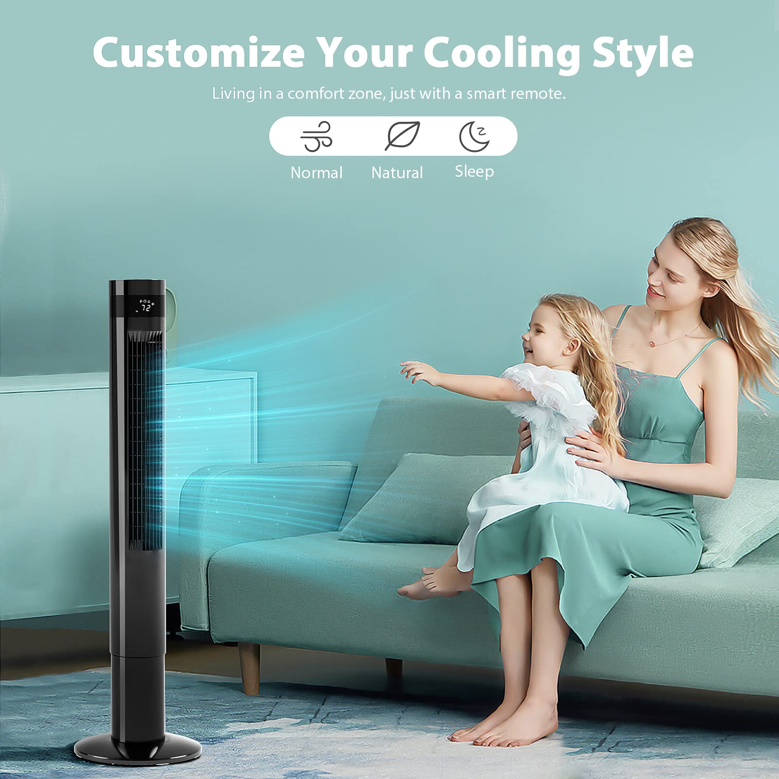 Antarctic Star Tower Fan Portable Floor Fans 85°Oscillating Fan 43'' Quiet Cooling 12H Timer Remote Control Standing Bladeless Electric 3 Speeds Wind 3 Modes Bedroom Office(43 inch, Black)