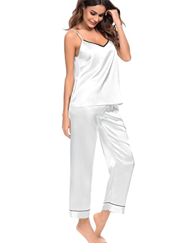 SWOMOG Women's Satin Pajamas Set V-Neck Cami Top and Capris Pants Silk Sleepwear Pjs Set White