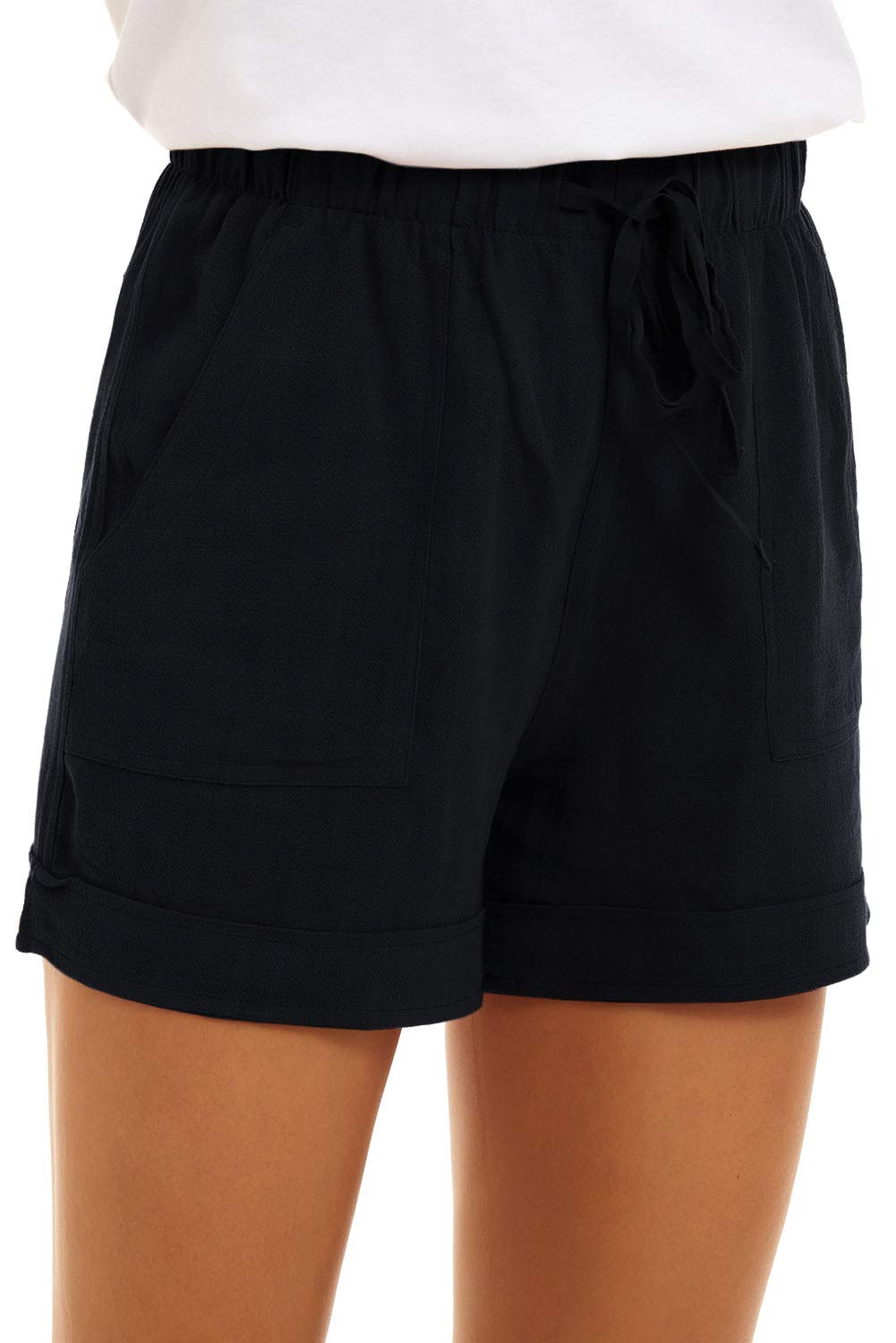 KINGFEN Womens Shorts Pull On Lounge Black Shorts for Women Casual Summer Beach Comfy Elastic Waist Drawstring Cotton Linen Short with Pockets Black X-Large