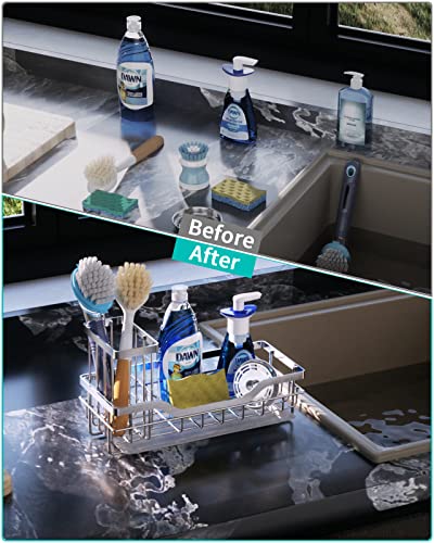 HapiRm Multifunctional Sink Caddy with Detachable Brush Holder, Kitchen Sink Organizer with Drawable Drain Tray, Rustproof Stainless Steel Sink Caddy for Sponge, Brush -Silver(8.26*3.62*4.72 in)