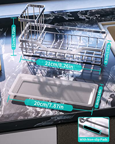 HapiRm Multifunctional Sink Caddy with Detachable Brush Holder, Kitchen Sink Organizer with Drawable Drain Tray, Rustproof Stainless Steel Sink Caddy for Sponge, Brush -Silver(8.26*3.62*4.72 in)