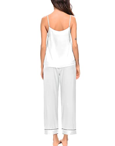 SWOMOG Women's Satin Pajamas Set V-Neck Cami Top and Capris Pants Silk Sleepwear Pjs Set White