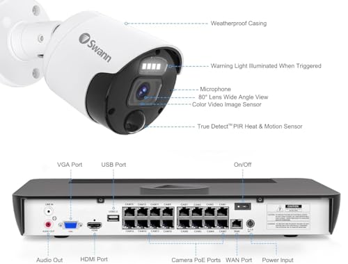 SWANN Master 4K, 16 Channel Home Security Camera System, 2TB NVR, 10 PoE IP Cameras Outdoor, Wired Surveillance CCTV, Heat Motion Vehicle Detection, LED Light, 24/7 Recording Security Camera, 1676810